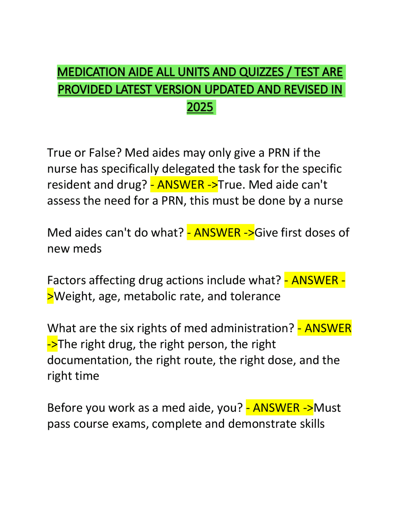 MEDICATION AIDE ALL UNITS AND QUIZZES / TEST ARE PROVIDED LATEST ...