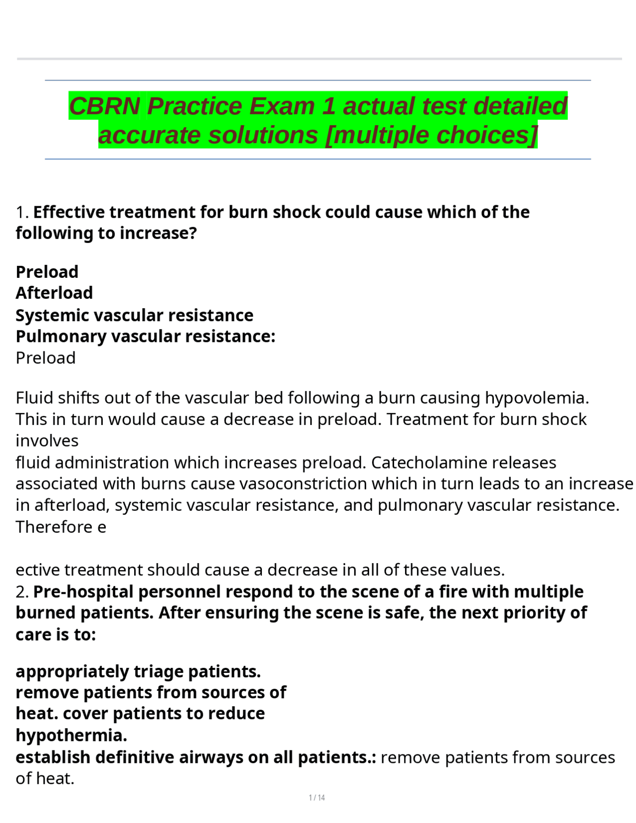 CBRN Practice Exam: Burn Injury Management | Exams Nursing | Docsity