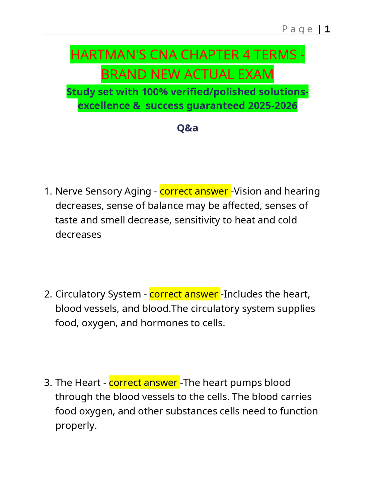 HARTMAN'S CNA CHAPTER 4 TERMS - BRAND NEW ACTUAL EXAM Study set with ...