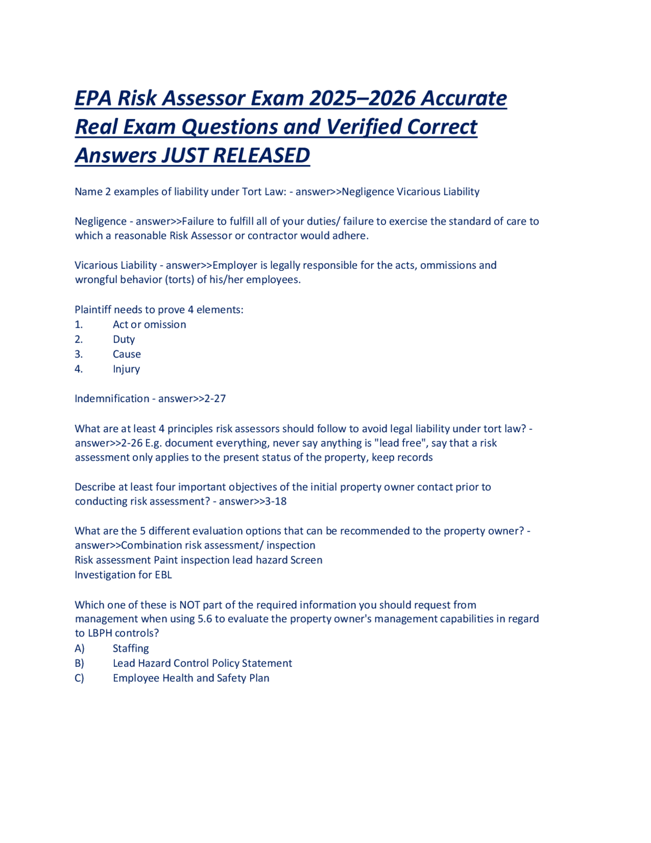 EPA Risk Assessor Exam 2025–2026 professionals preparing for state or ...