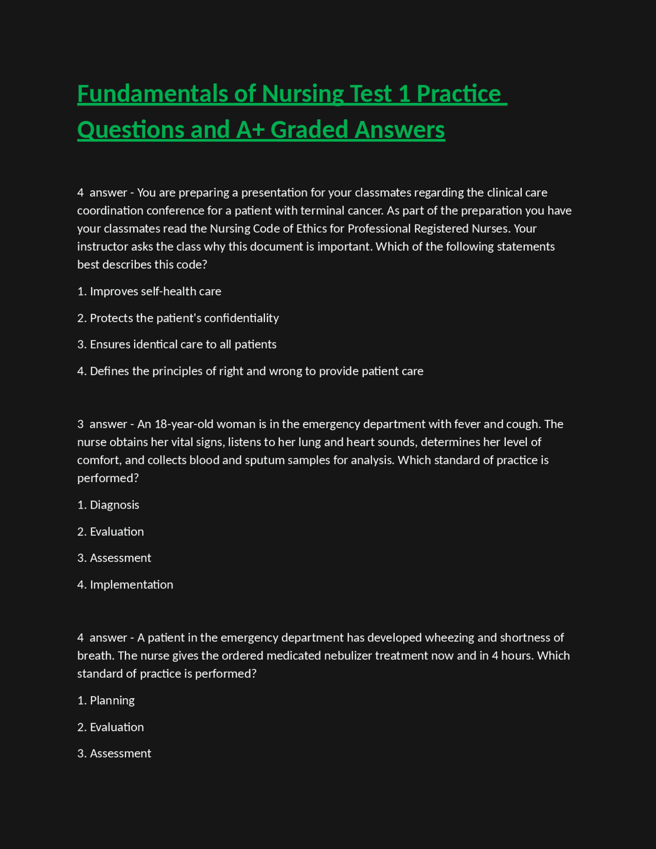 Fundamentals of Nursing Test 1 Practice Questions and A+ Graded Answers ...