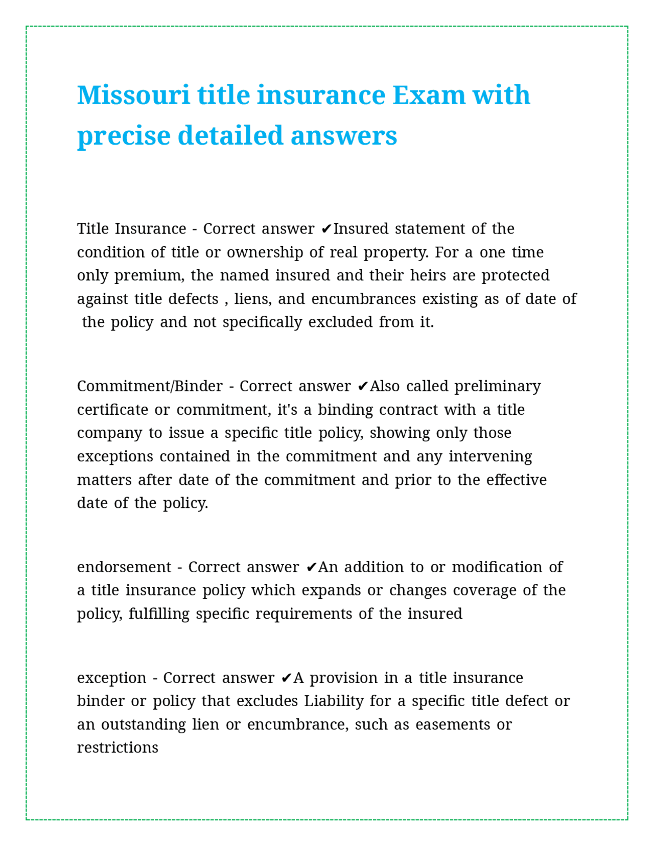 Missouri title insurance Exam with precise detailed answers | Exams ...