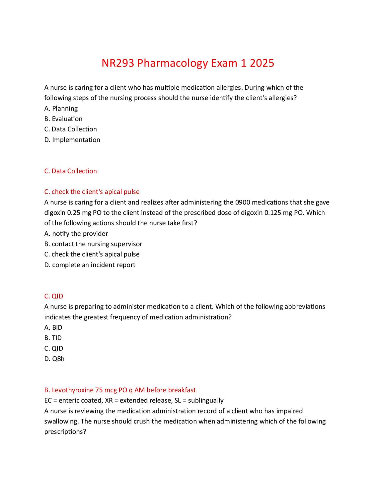 NR293 Pharmacology Exam 1 2025 | Exams Nursing | Docsity