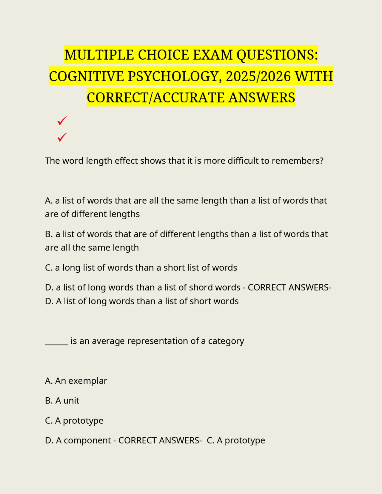 MULTIPLE CHOICE EXAM QUESTIONS: COGNITIVE PSYCHOLOGY, 2025/2026 WITH ...