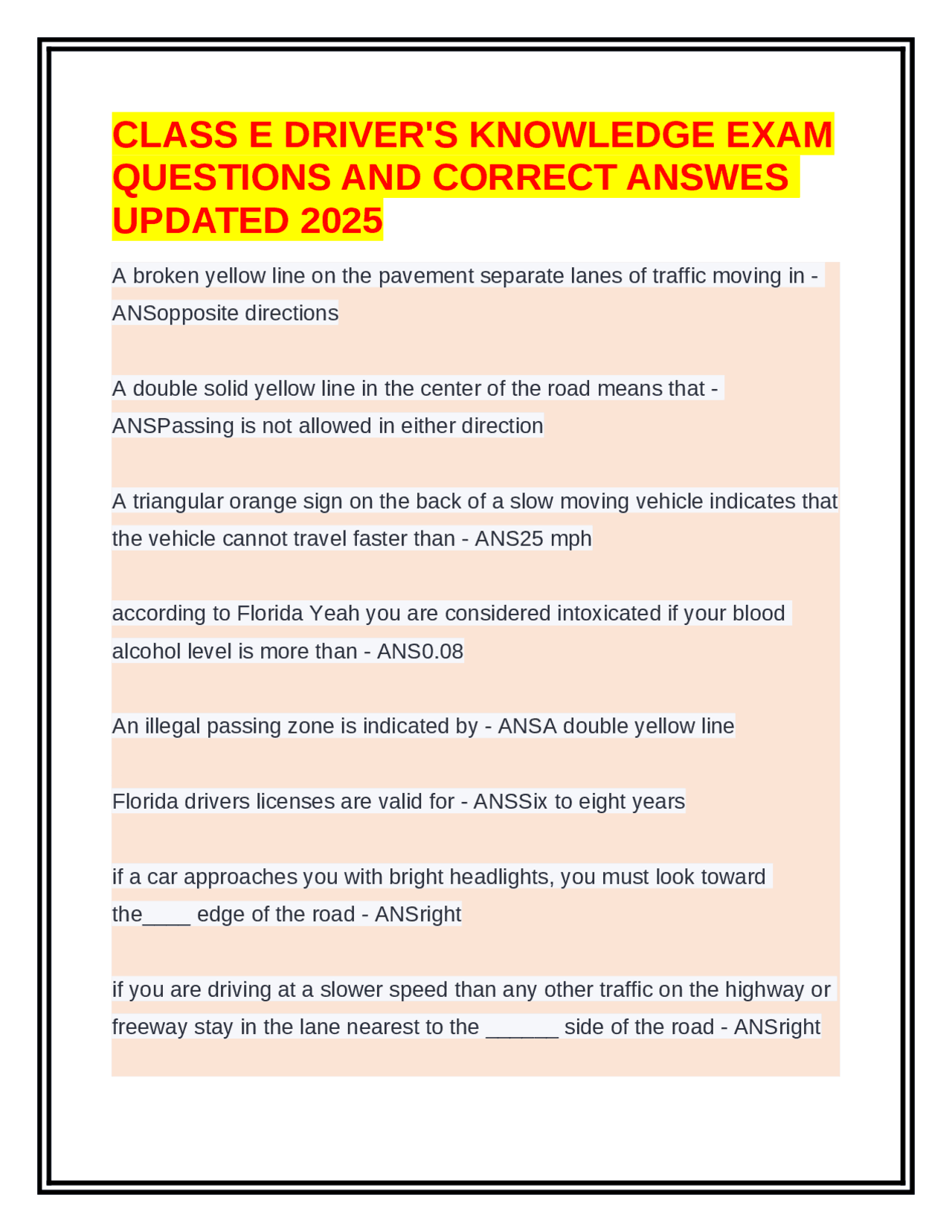 CLASS E DRIVER'S KNOWLEDGE EXAM QUESTIONS AND ANSWERS | Exams Traffic ...