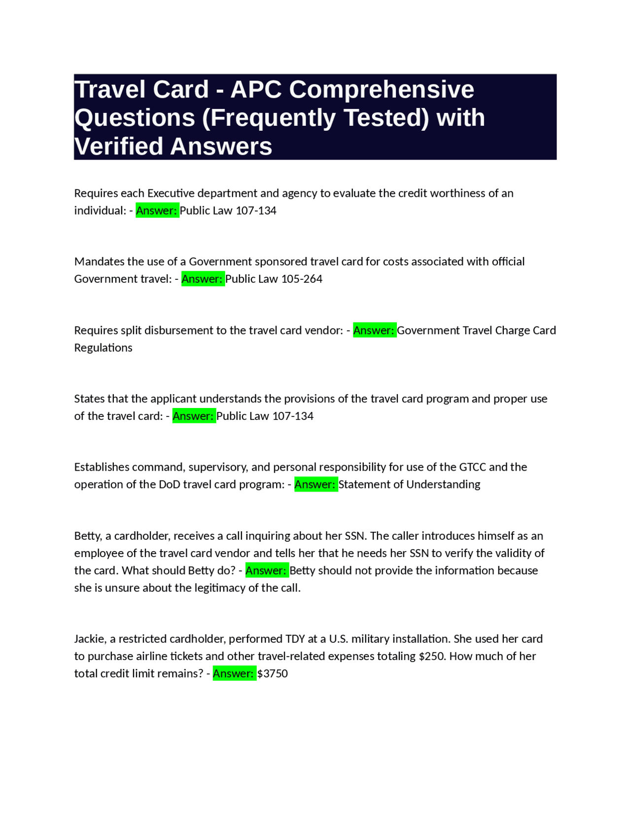 Travel Card - APC Comprehensive Questions (Frequently Tested) with ...