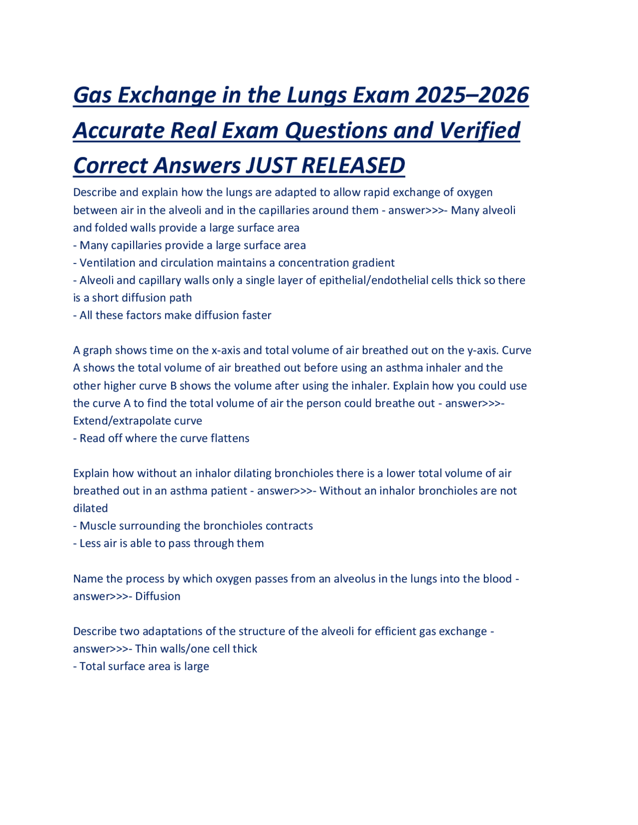 Gas Exchange in the Lungs Exam 2025–2026 A-Level Biology, GCSE, or pre ...