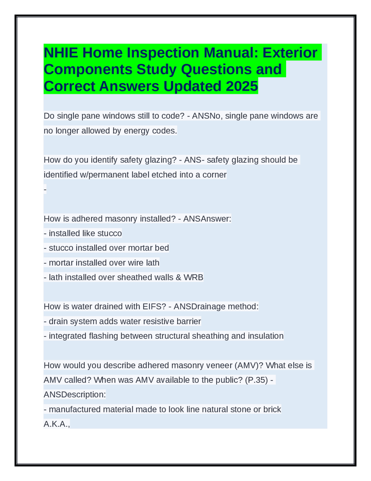 NHIE Home Inspection Manual: Exterior Components Study Q $ A | Exams ...
