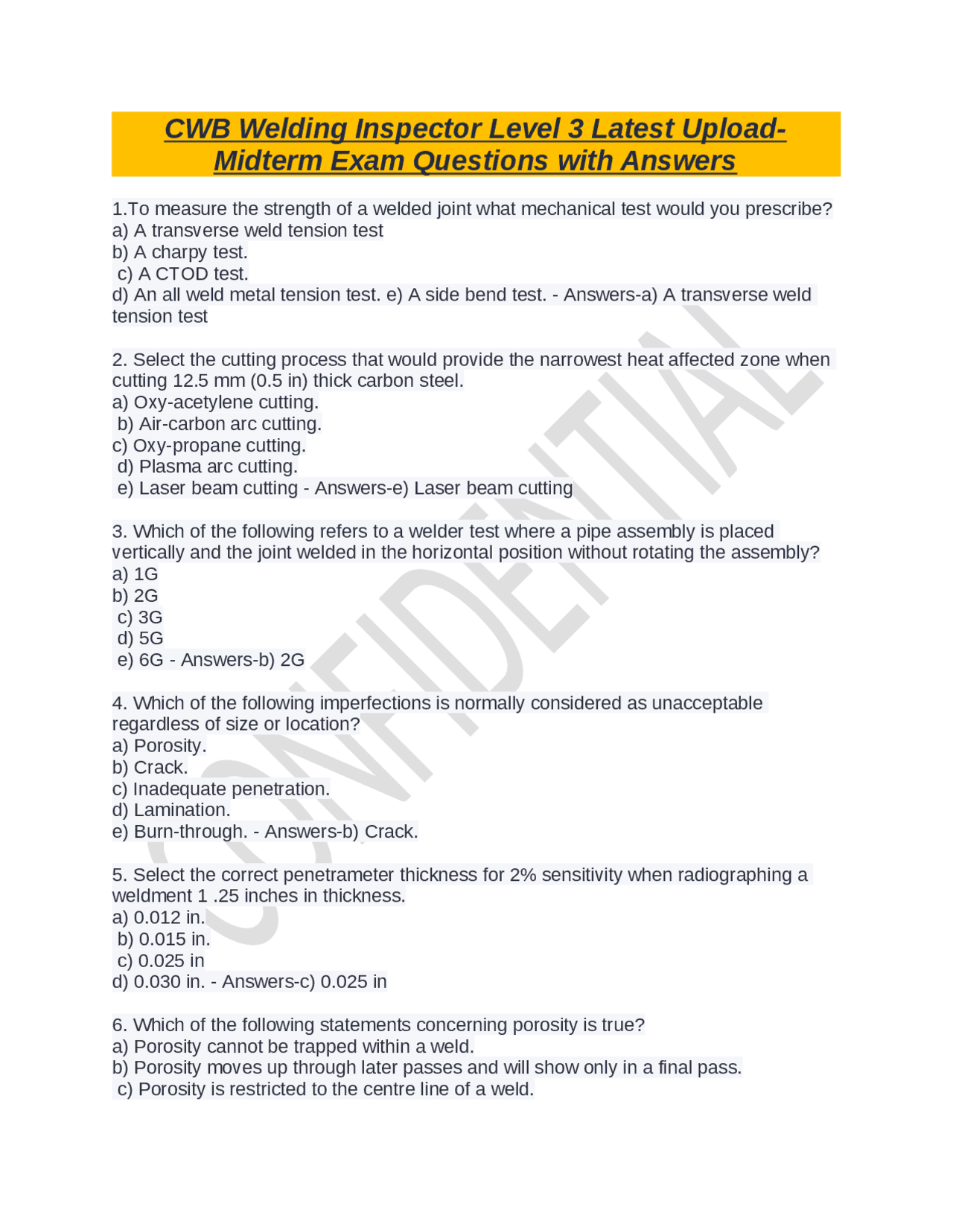 CWB Welding Inspector Level 3 Latest Upload- Midterm Exam Questions ...