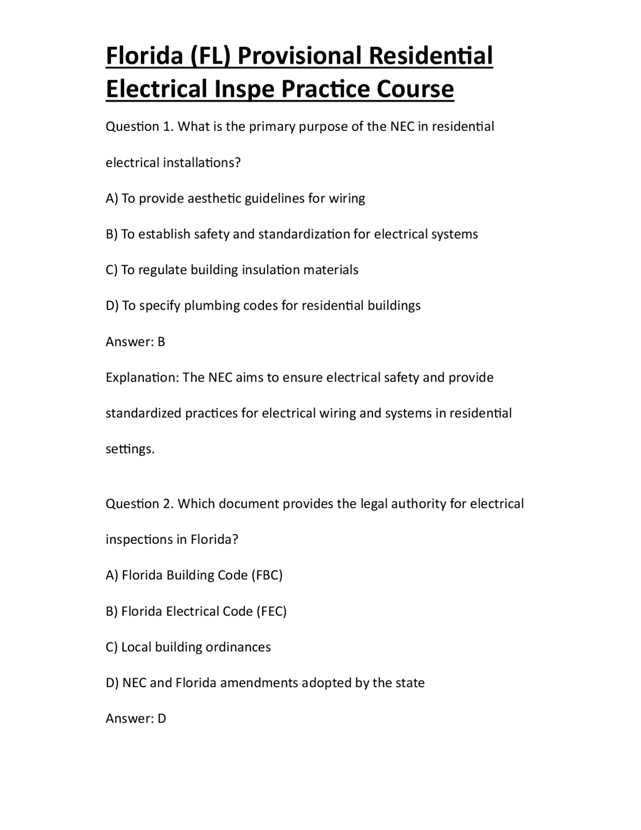 Advance Florida (FL) Provisional Residential Electrical Inspe Exam | Exams Technology | Docsity