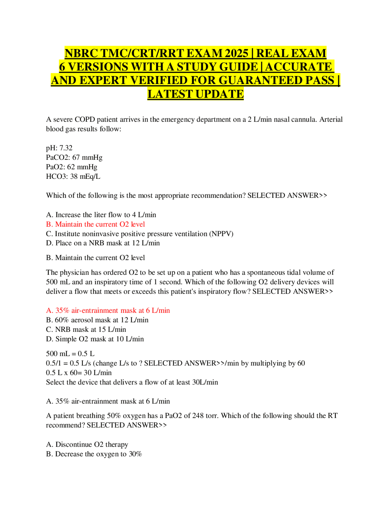 NBRC TMC/CRT/RRT EXAM 2025 | REAL EXAM 6 VERSIONS WITH A STUDY GUIDE ...