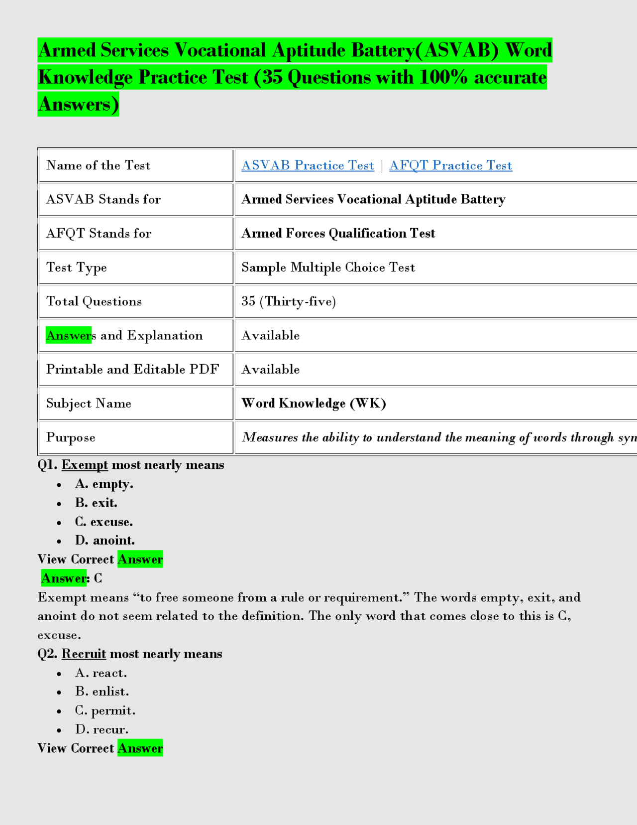 Armed Services Vocational Aptitude Battery(ASVAB) Word Knowledge ...