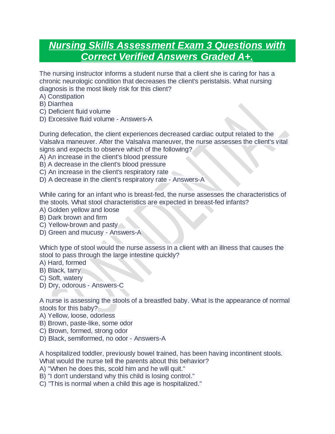 Nursing Skills Assessment Exam 3 Questions with Correct Verified ...