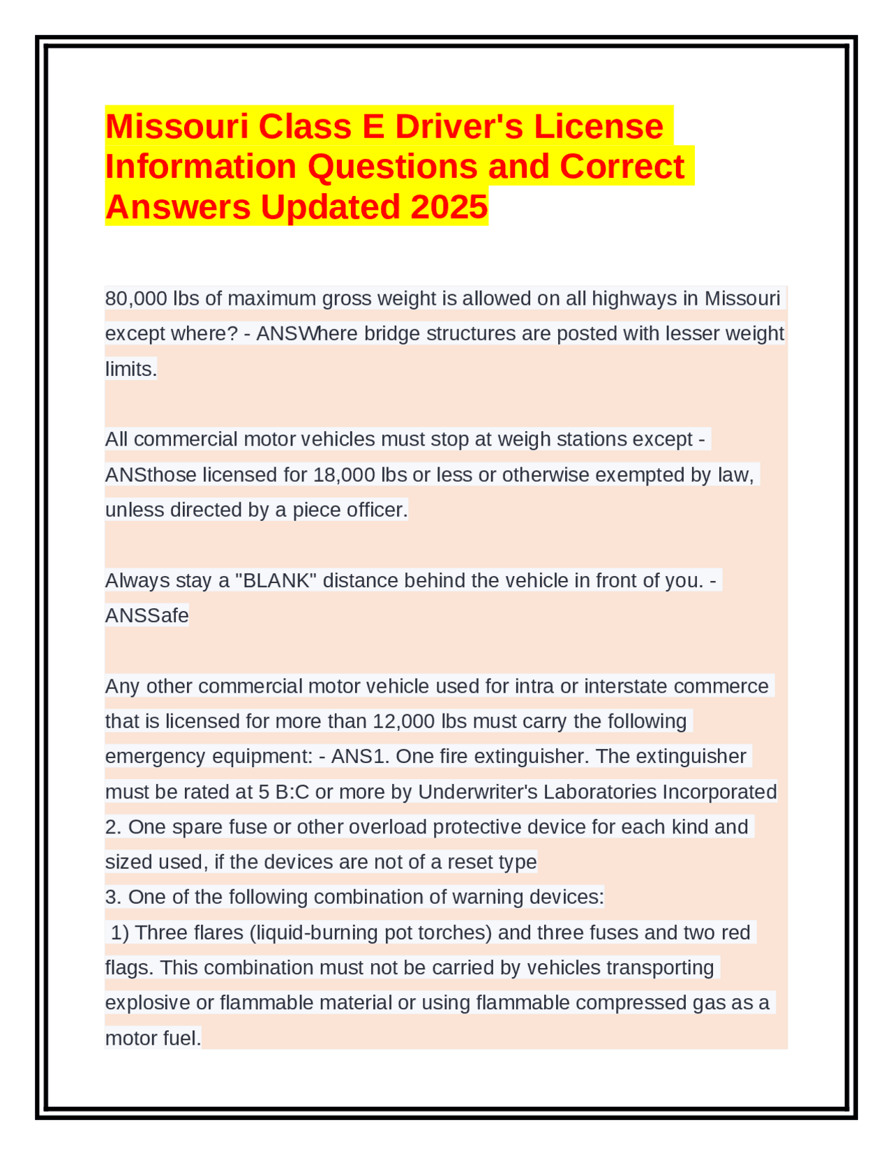 Missouri Class E Driver's License Information Questions and Answers ...