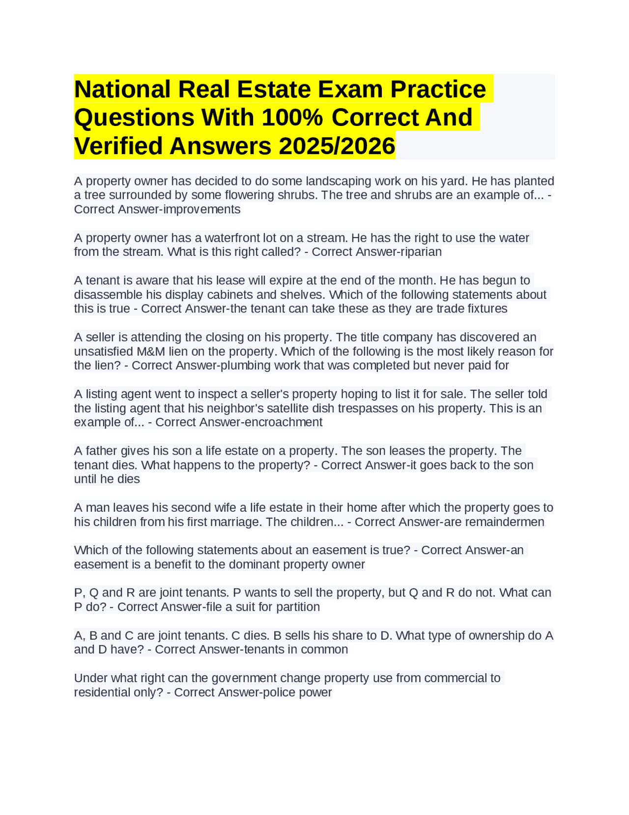 National Real Estate Exam Practice Questions With 100% Correct And ...