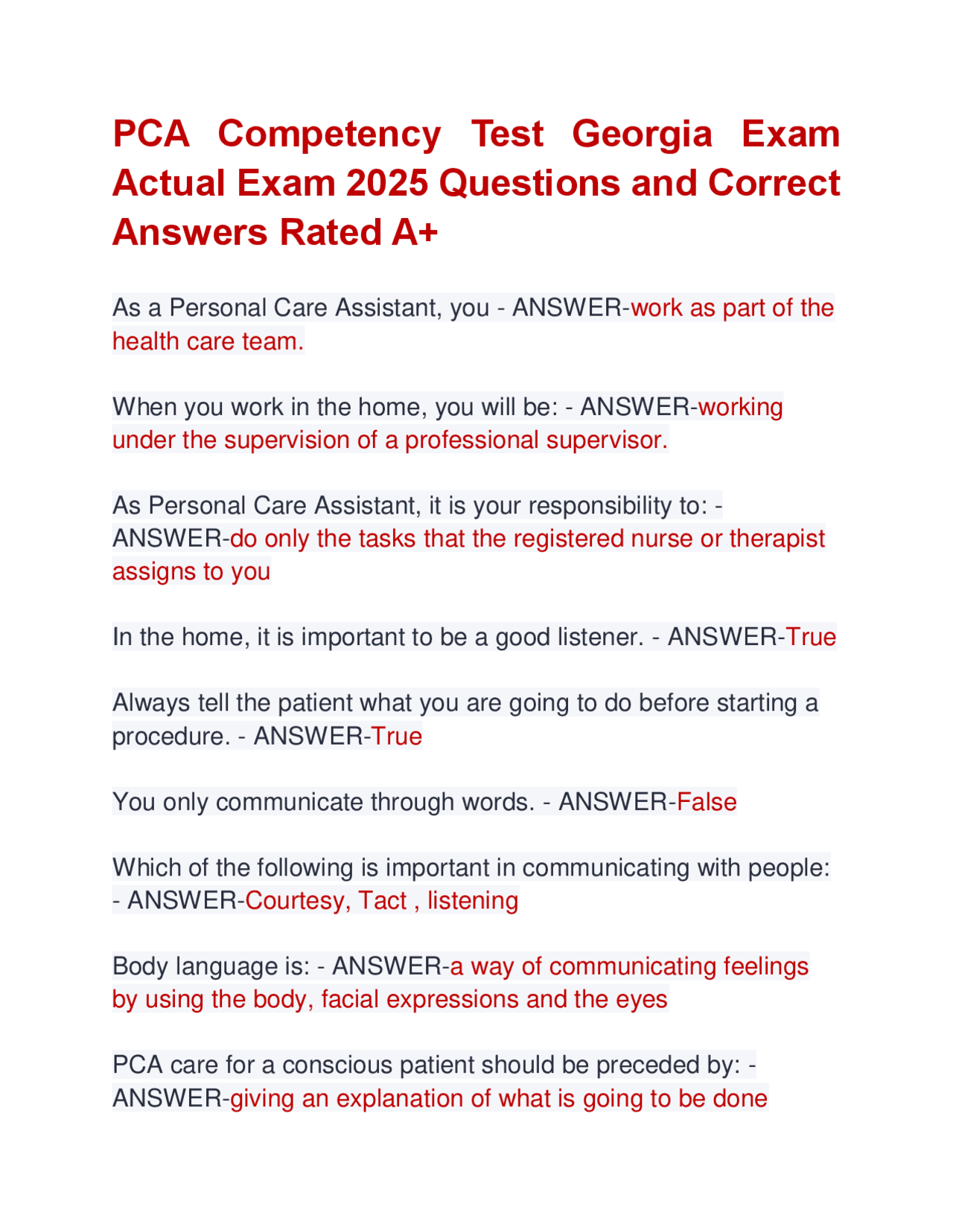PCA Competency Test Georgia Exam Actual Exam 2025 Questions and Correct ...