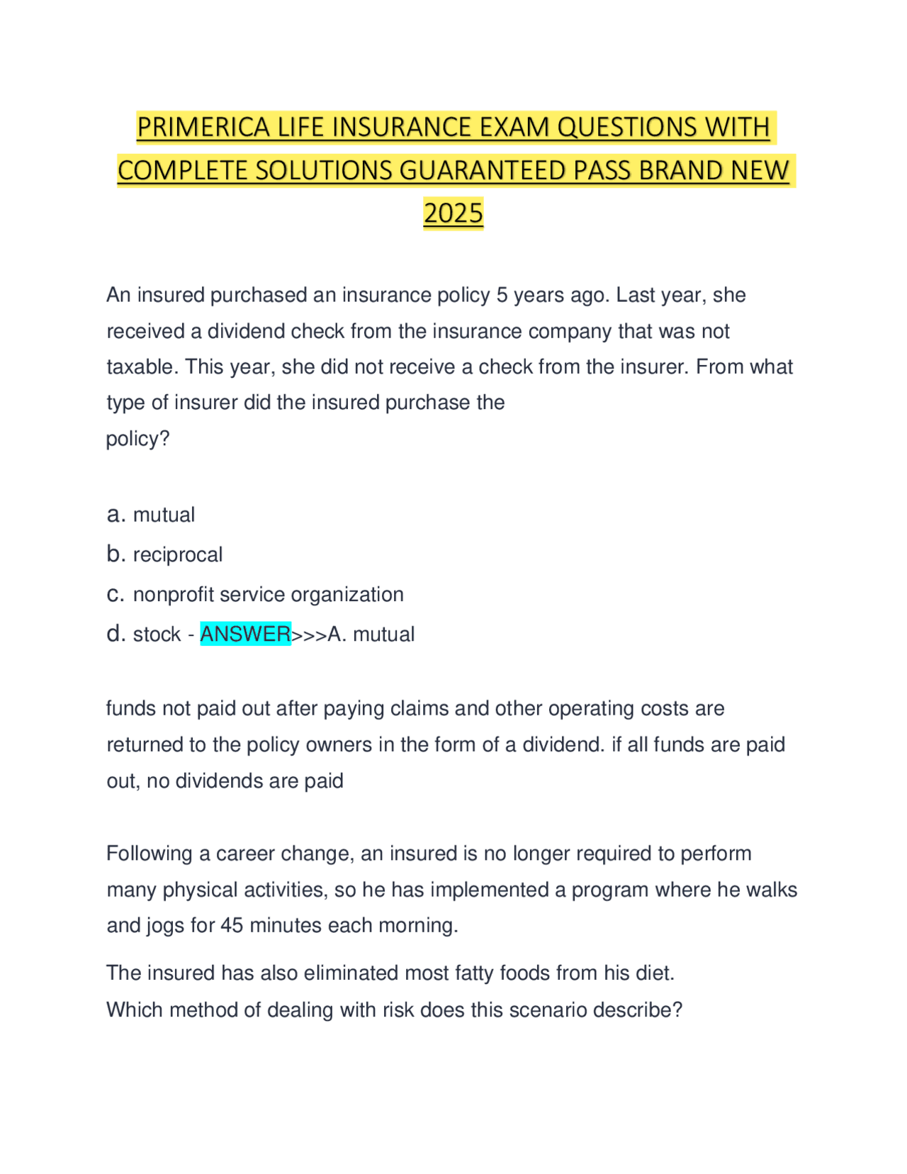 PRIMERICA LIFE INSURANCE EXAM QUESTIONS WITH COMPLETE SOLUTIONS ...