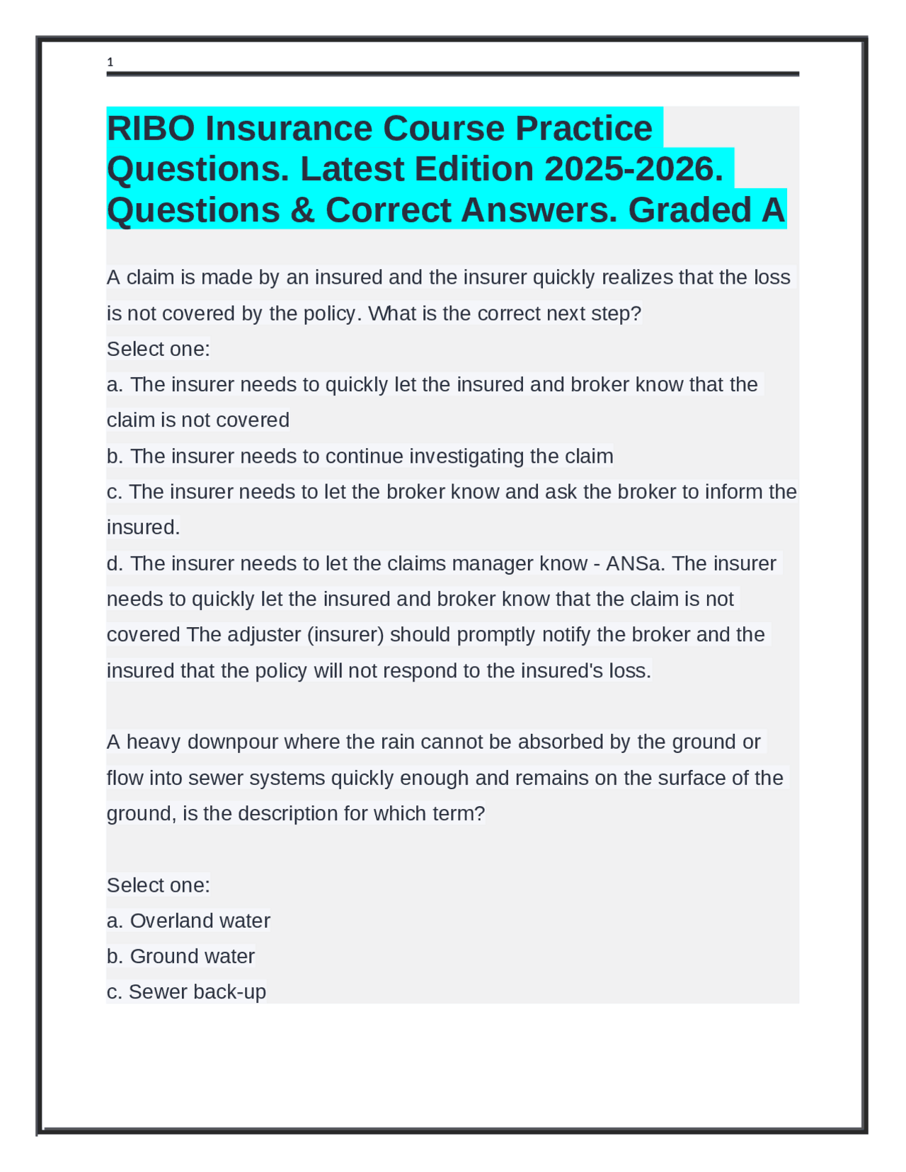 RIBO Insurance Course Practice Questions. Latest Edition 2025-2026 ...