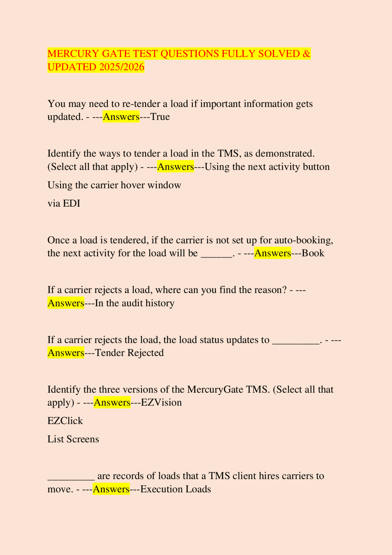 MercuryGate TMS Test Questions and Answers (2025/2026) | Exams Advanced ...