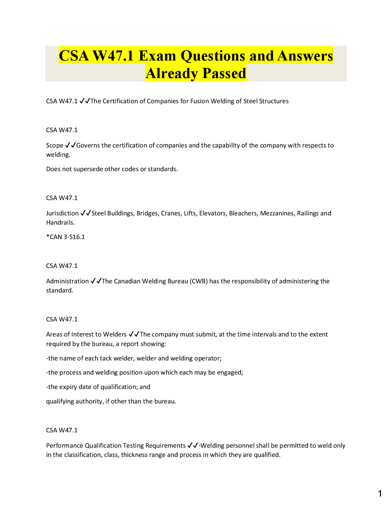 CSA W47.1 Exam Questions and Answers Already Passed CSA W47.1 The ...