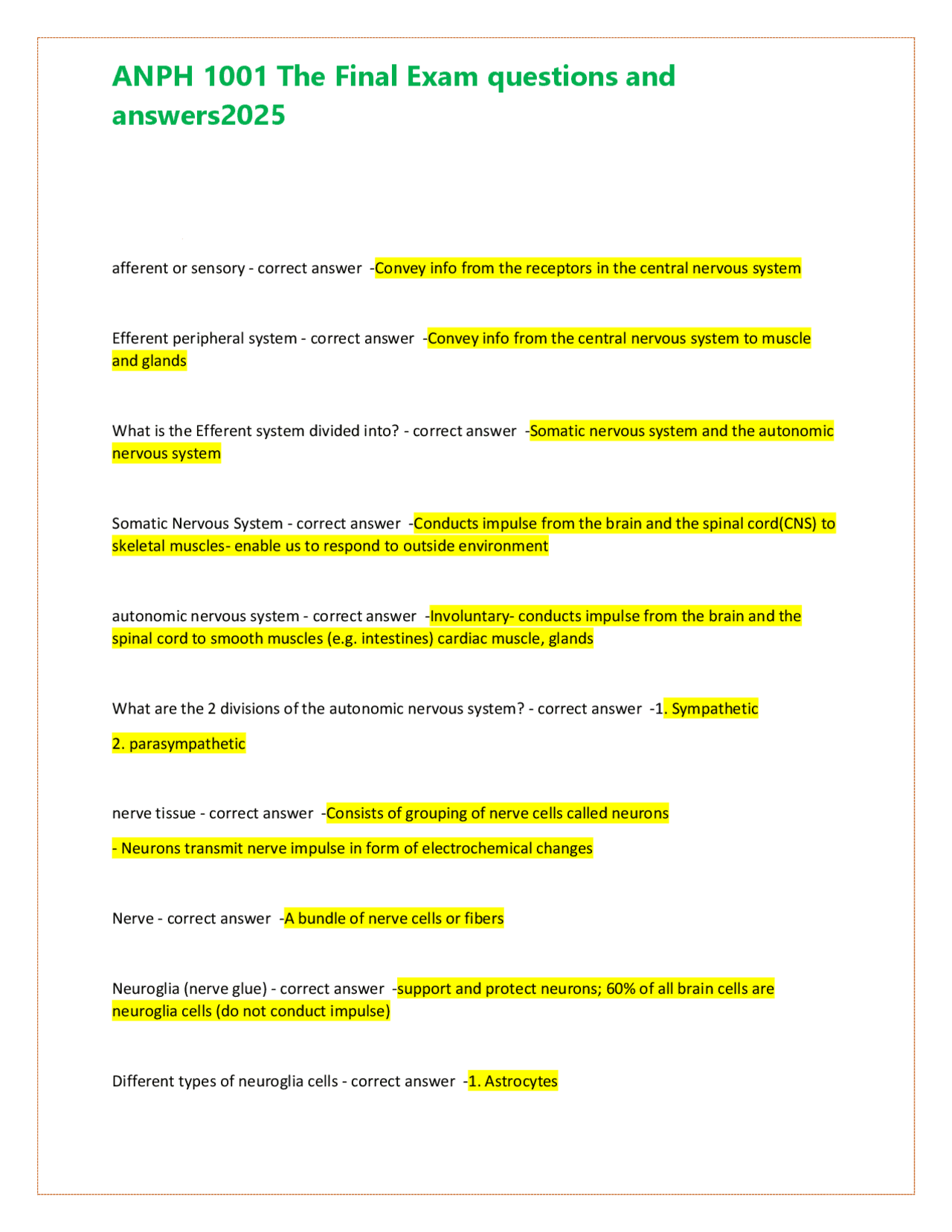 ANPH 1001 The Final Exam questions and answers | Exams Neurology | Docsity