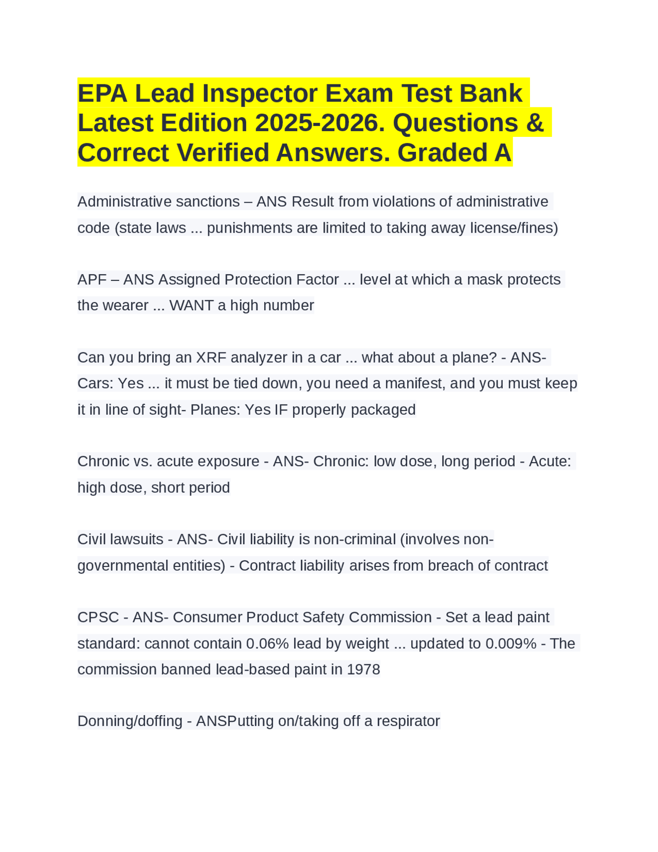 EPA Lead Inspector Exam Test Bank Latest Edition 2025-2026. Questions ...