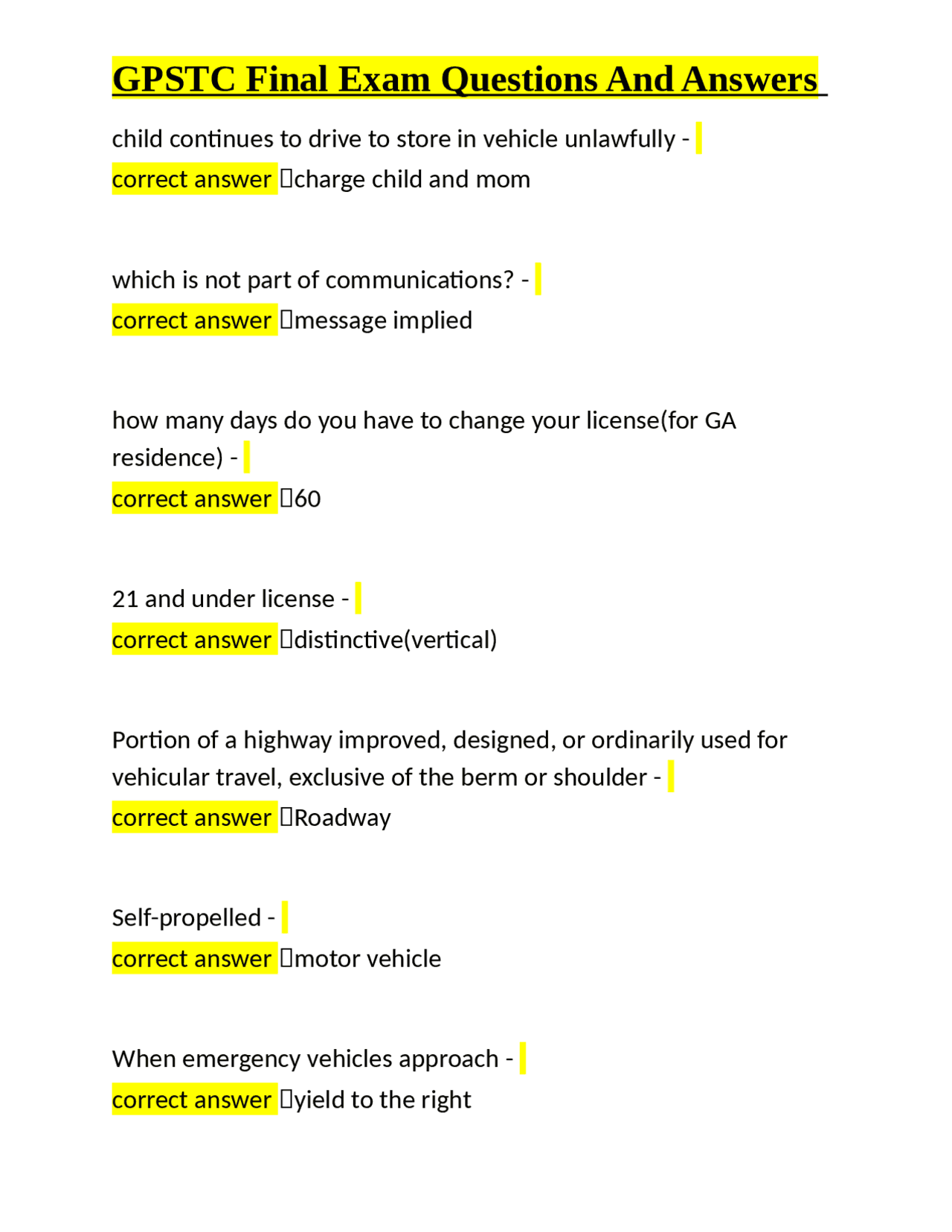 GPSTC Final Exam Questions And Answers | Exams Law | Docsity