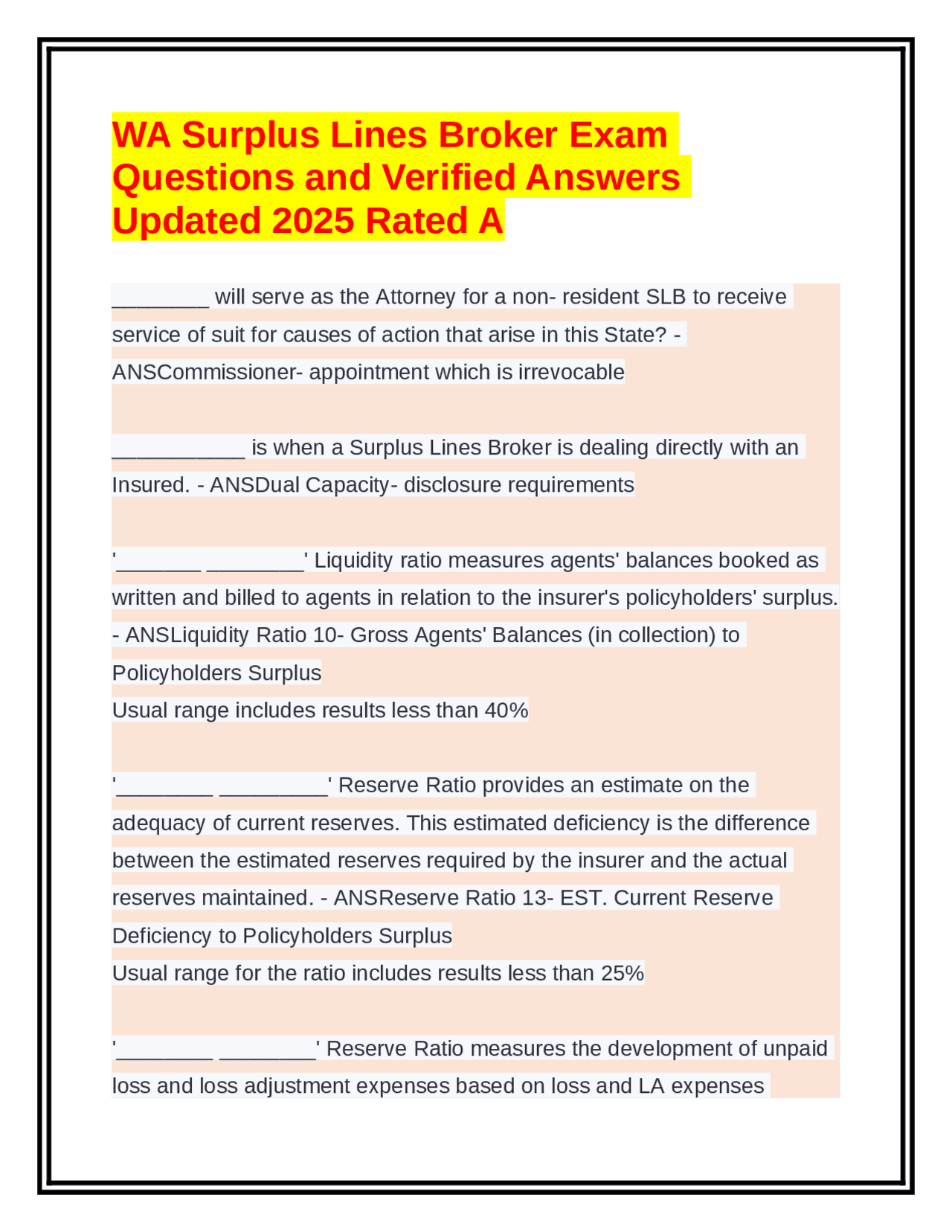 WA Surplus Lines Broker Exam Questions and Verified Answers 2025 ...