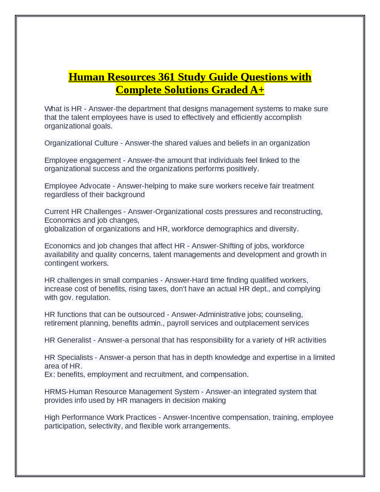 Human Resources 361 Study Guide Questions with Complete Solutions Graded A+ | Exams Human ...