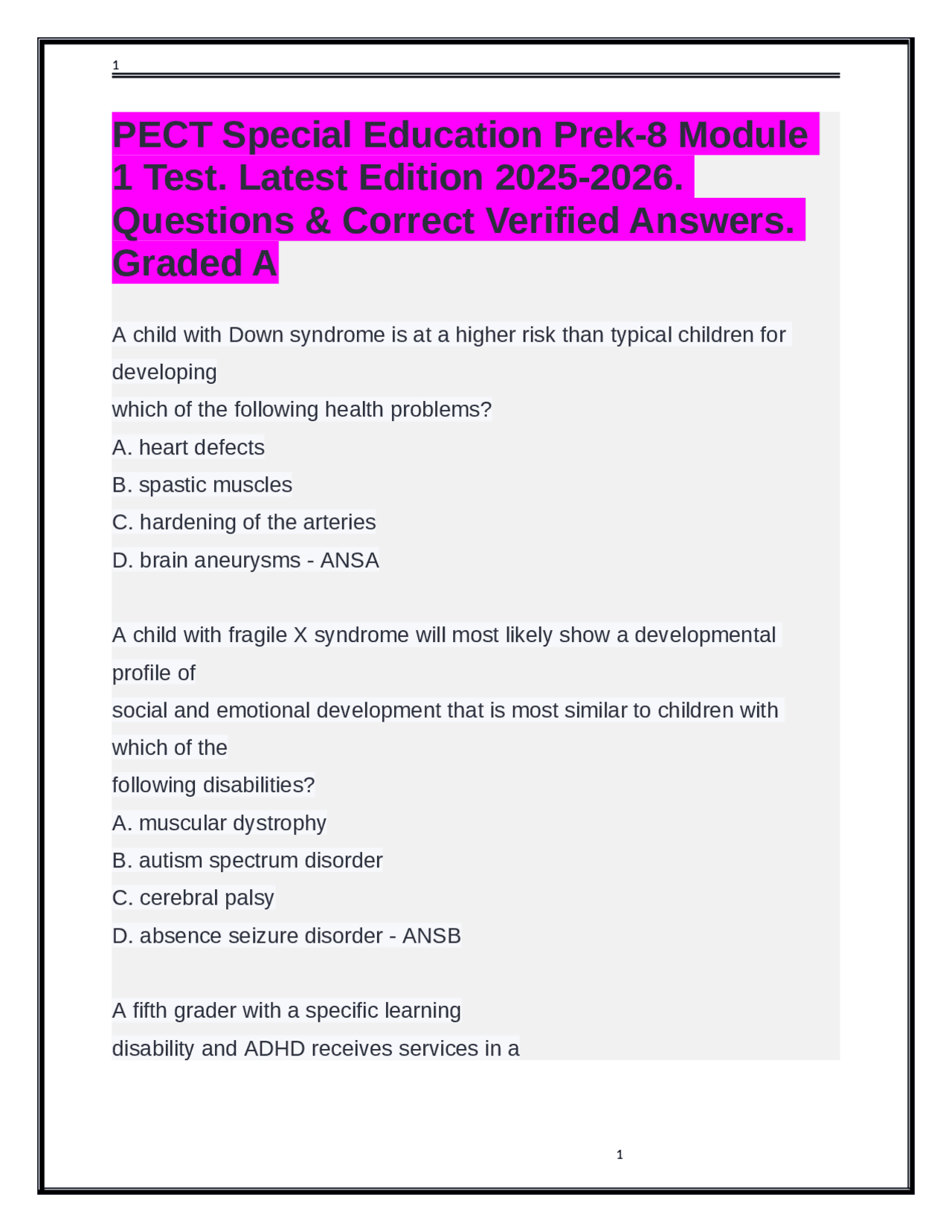 PECT Special Education Prek-8 Module 1 Test. Latest Edition 2025-2026 ...