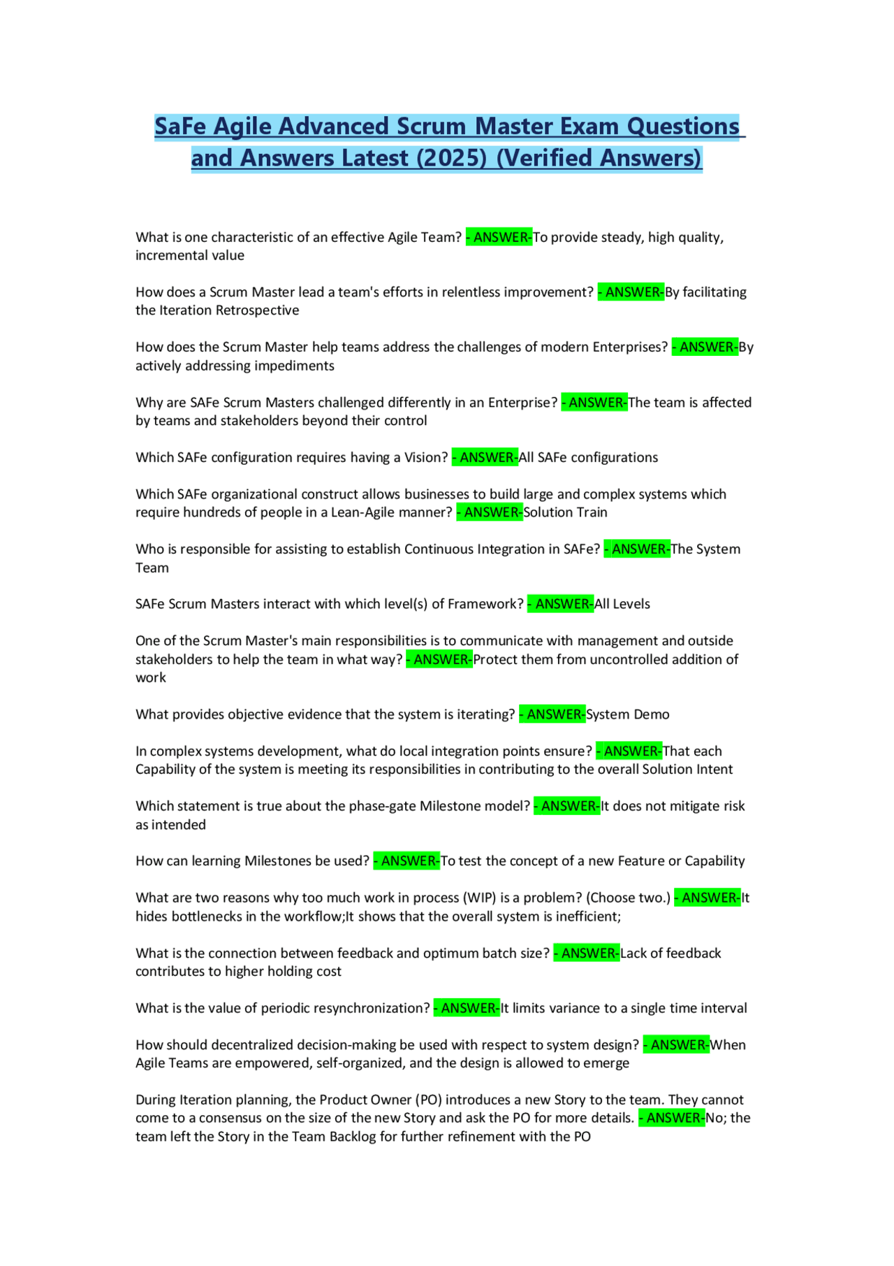 SaFe Agile Advanced Scrum Master Exam Questions and Answers Latest ...