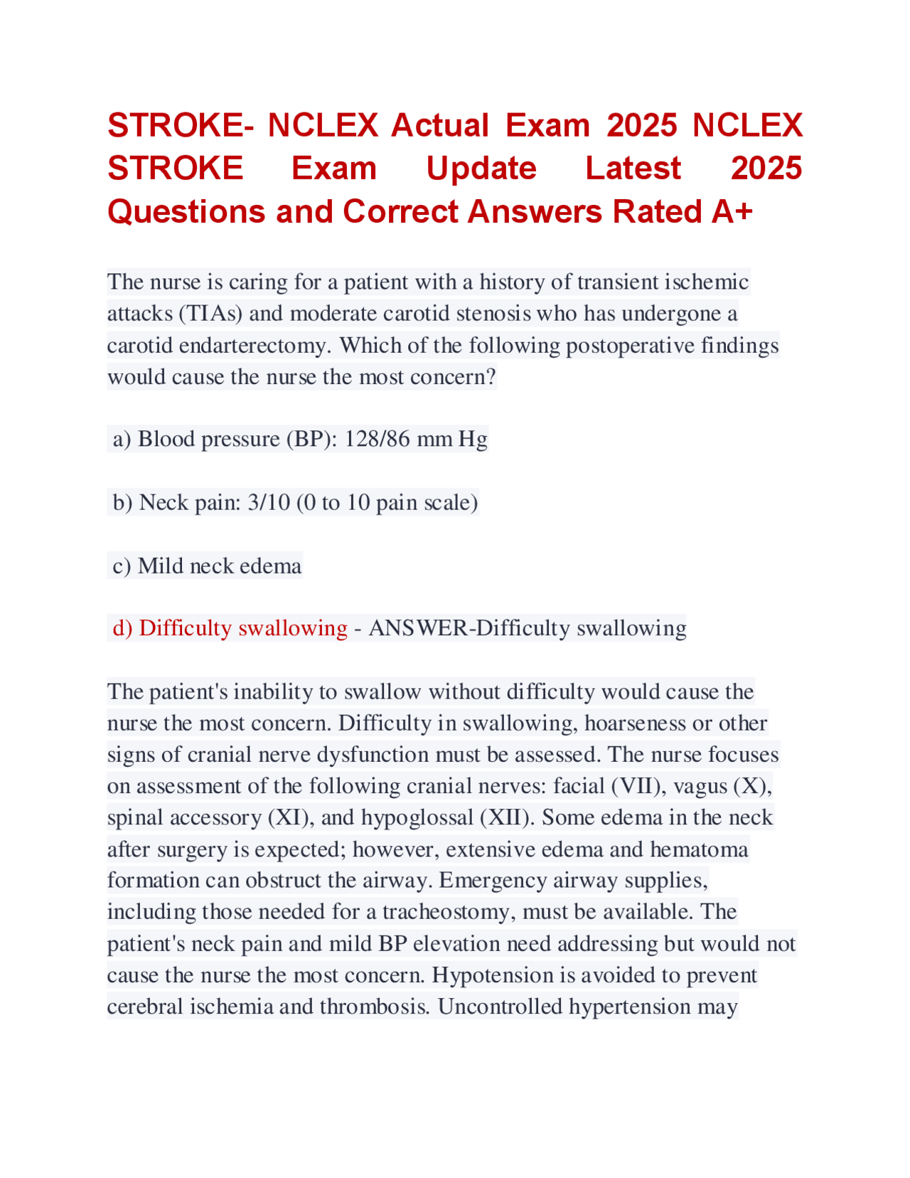 STROKE- NCLEX Actual Exam 2025 NCLEX STROKE Exam Update Latest 2025 ...