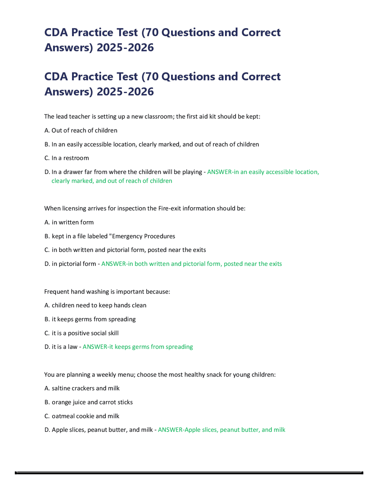 CDA Practice Test 2025-2026: 70 Questions & Answers for Child ...