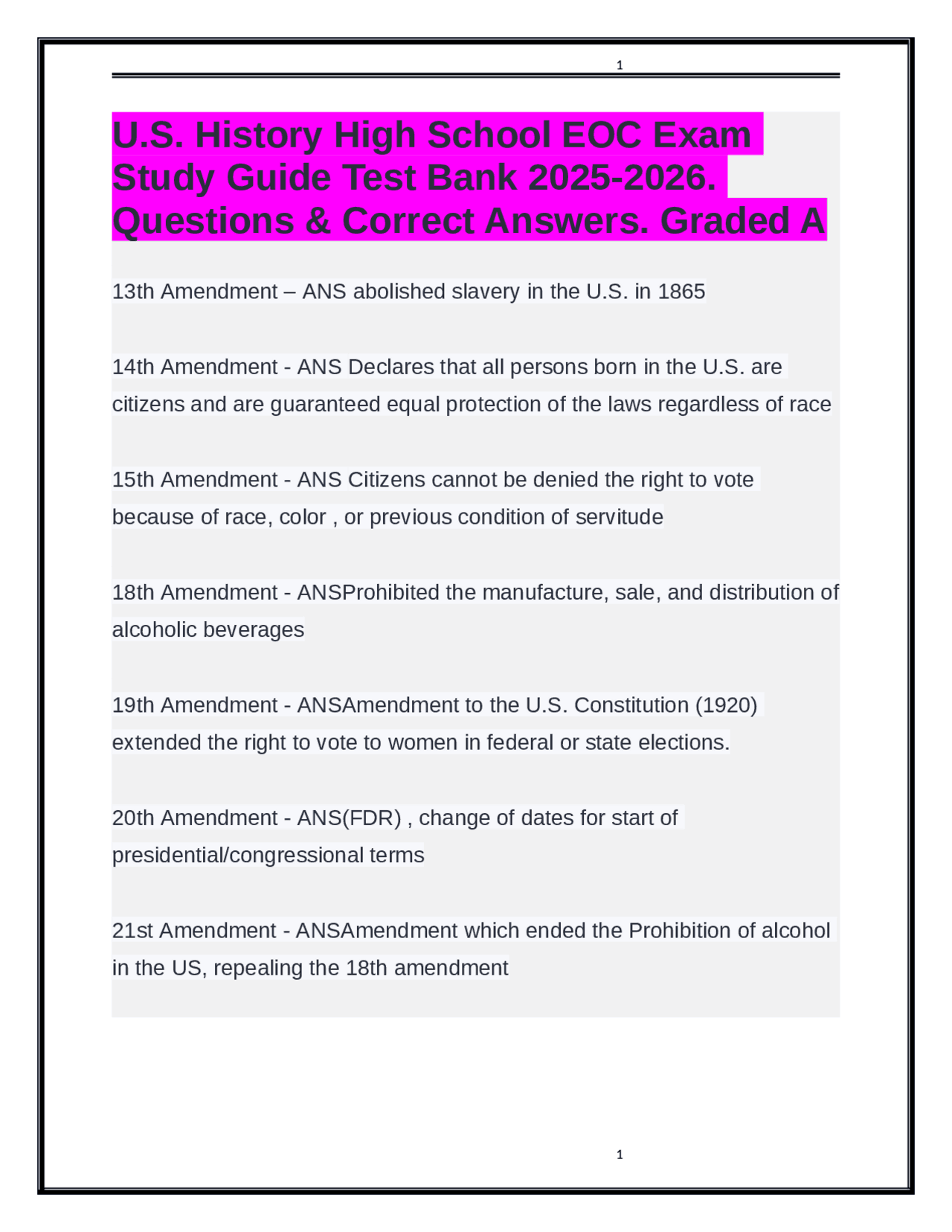 U.S. History High School EOC Exam Study Guide Test Bank 2025-2026 ...