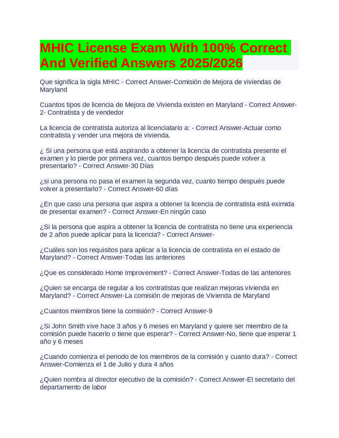 MHIC License Exam With 100% Correct And Verified Answers 2025/2026 ...