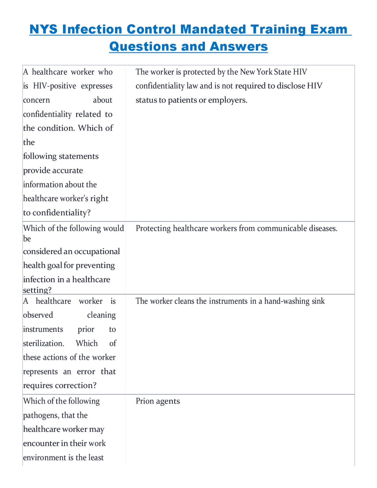 NYS Infection Control Mandated Training Exam Questions and Answers ...