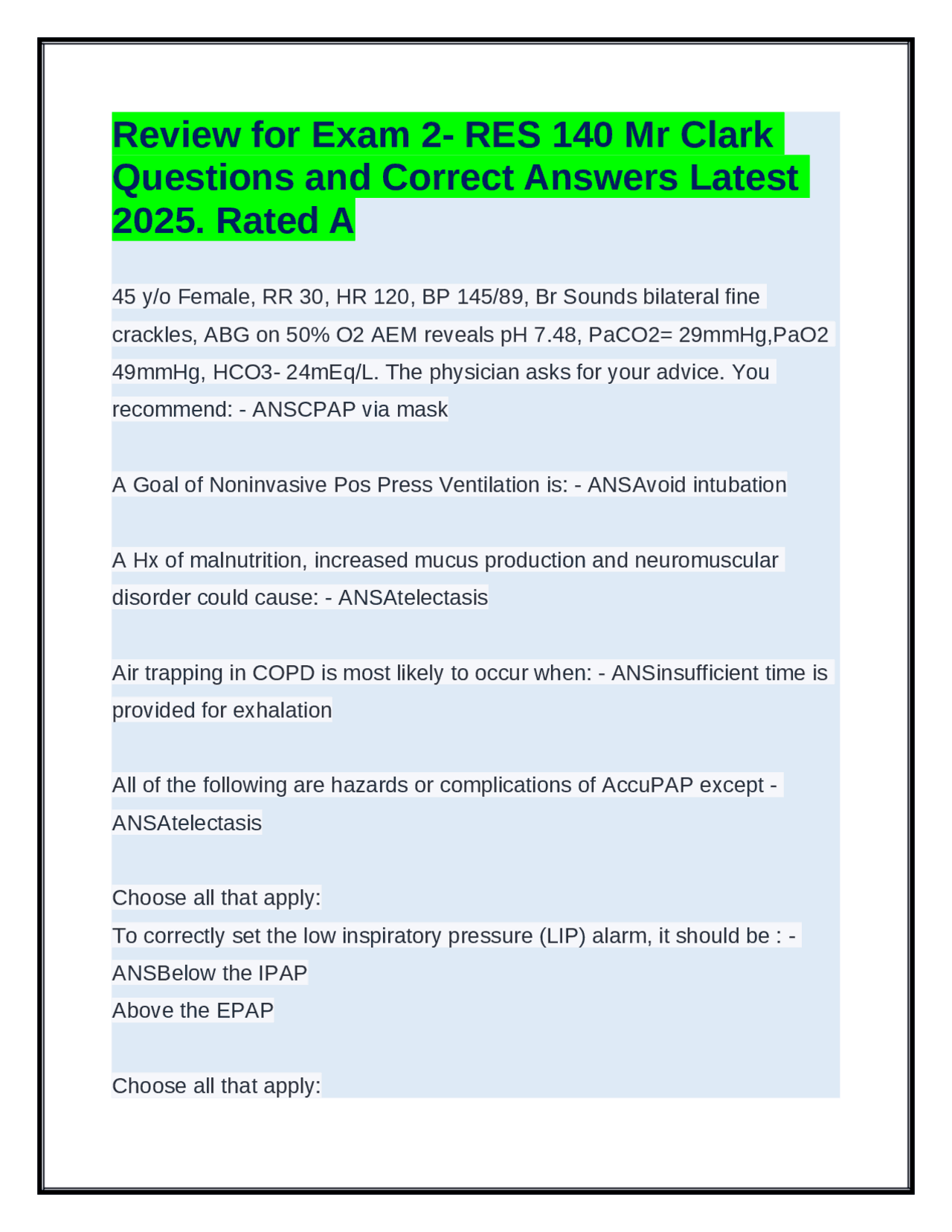 Review for Exam 2- RES 140 Mr Clark Questions and Answers Latest 2025 ...