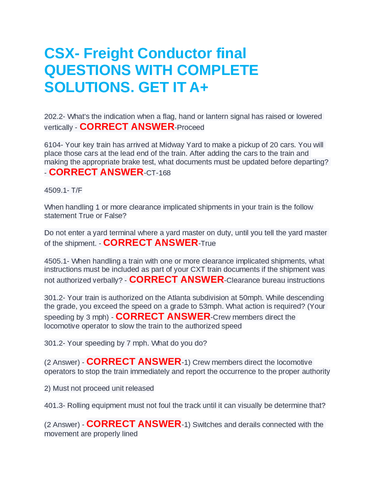 CSX- Freight Conductor final QUESTIONS WITH COMPLETE SOLUTIONS. GET IT ...