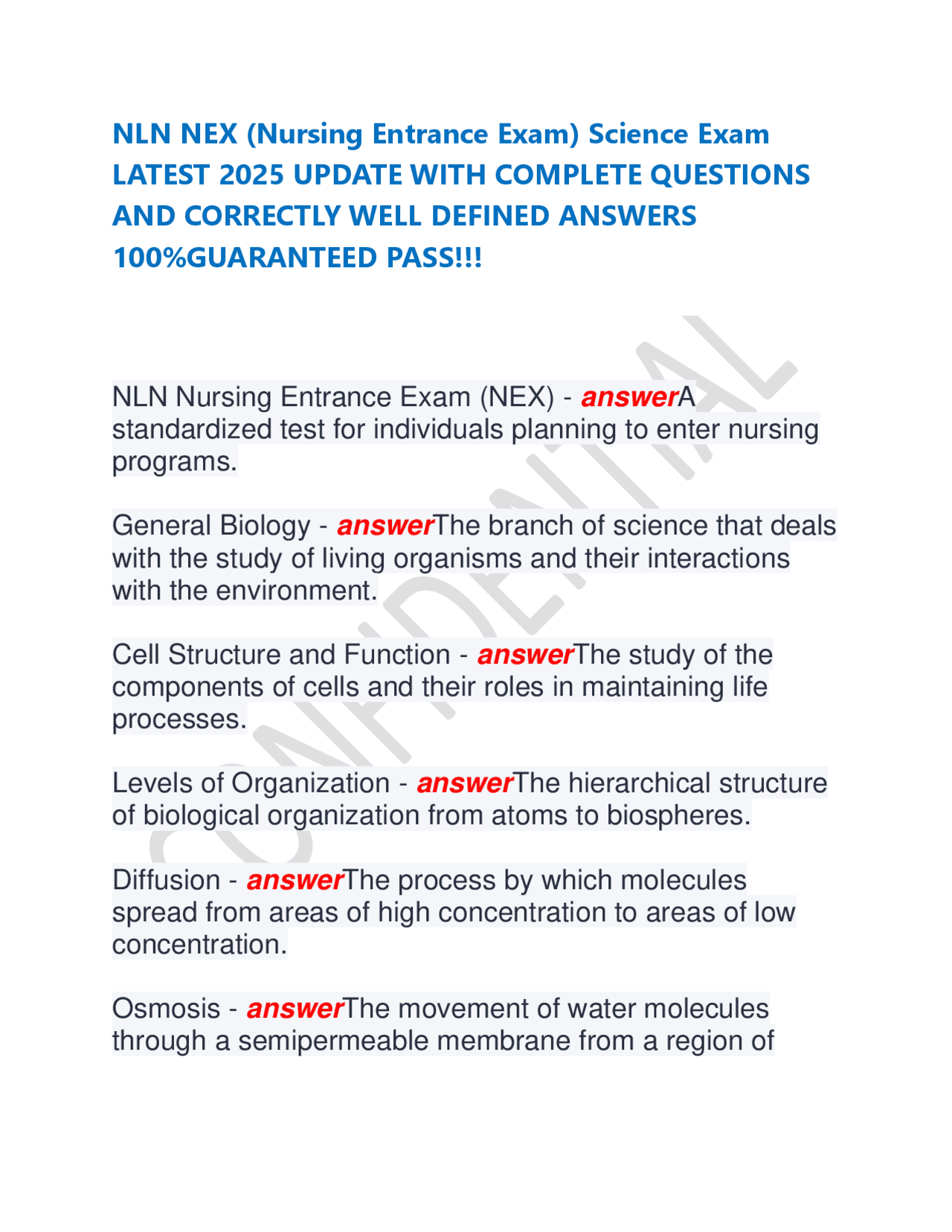 NLN NEX (Nursing Entrance Exam) Science Exam: Q&A Study Guide | Exams ...