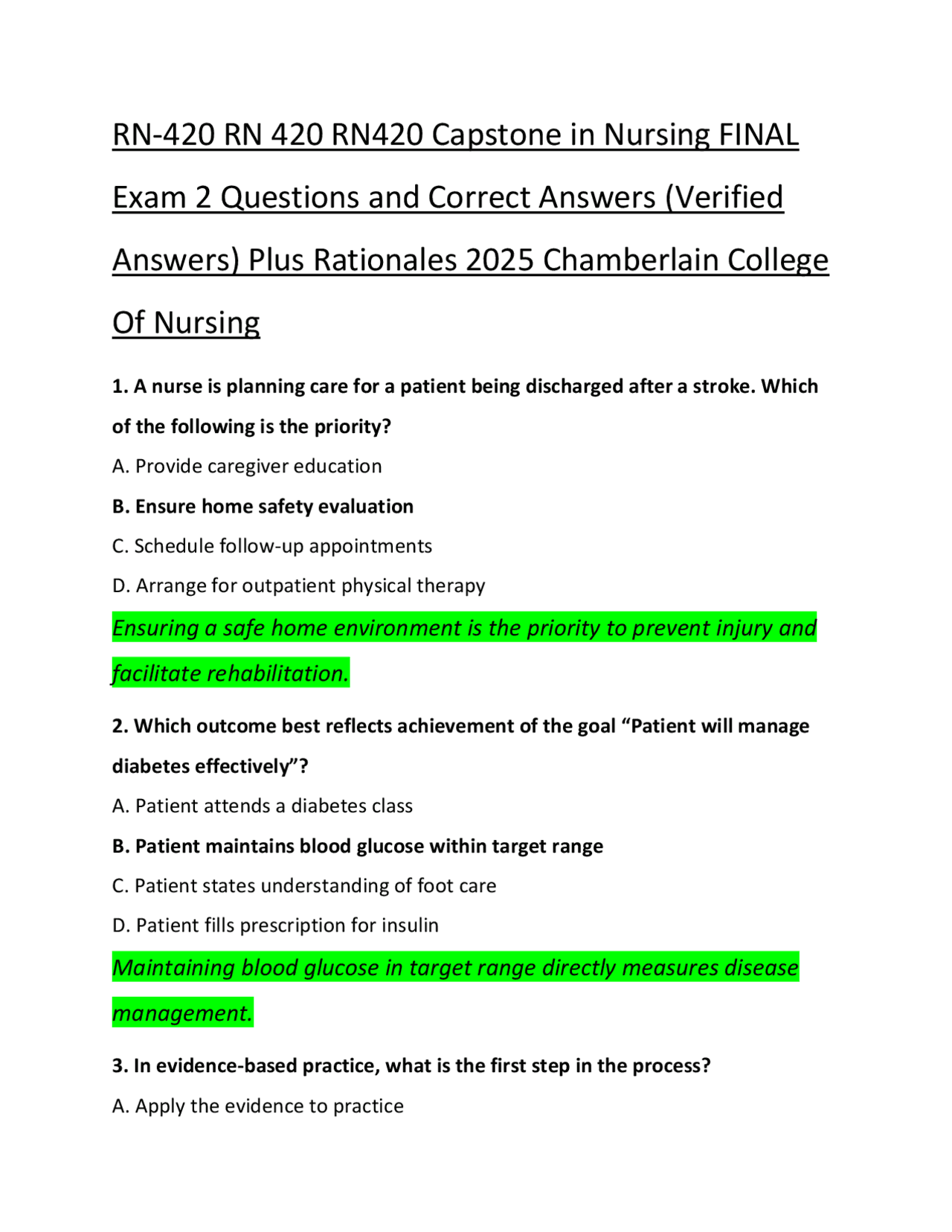 RN-420 RN 420 RN420 Capstone in Nursing FINAL Exam 2 Questions and ...