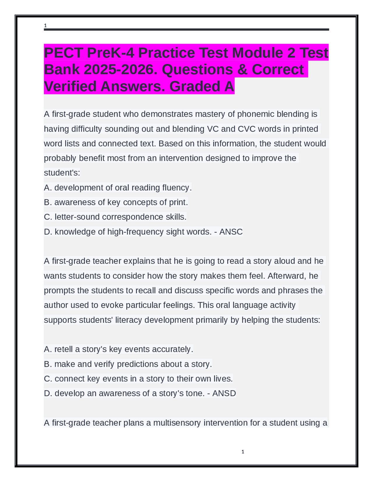 PECT PreK-4 Practice Test Module 2 Test Bank 2025-2026. Questions ...