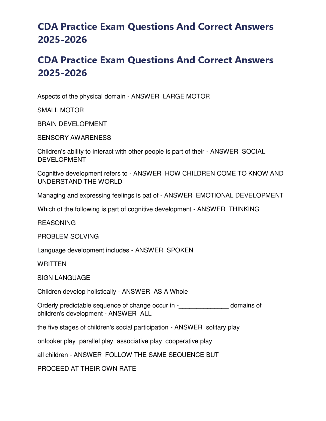 CDA Practice Exam: Child Development Q&A 2025-2026 | Exams Nursing ...