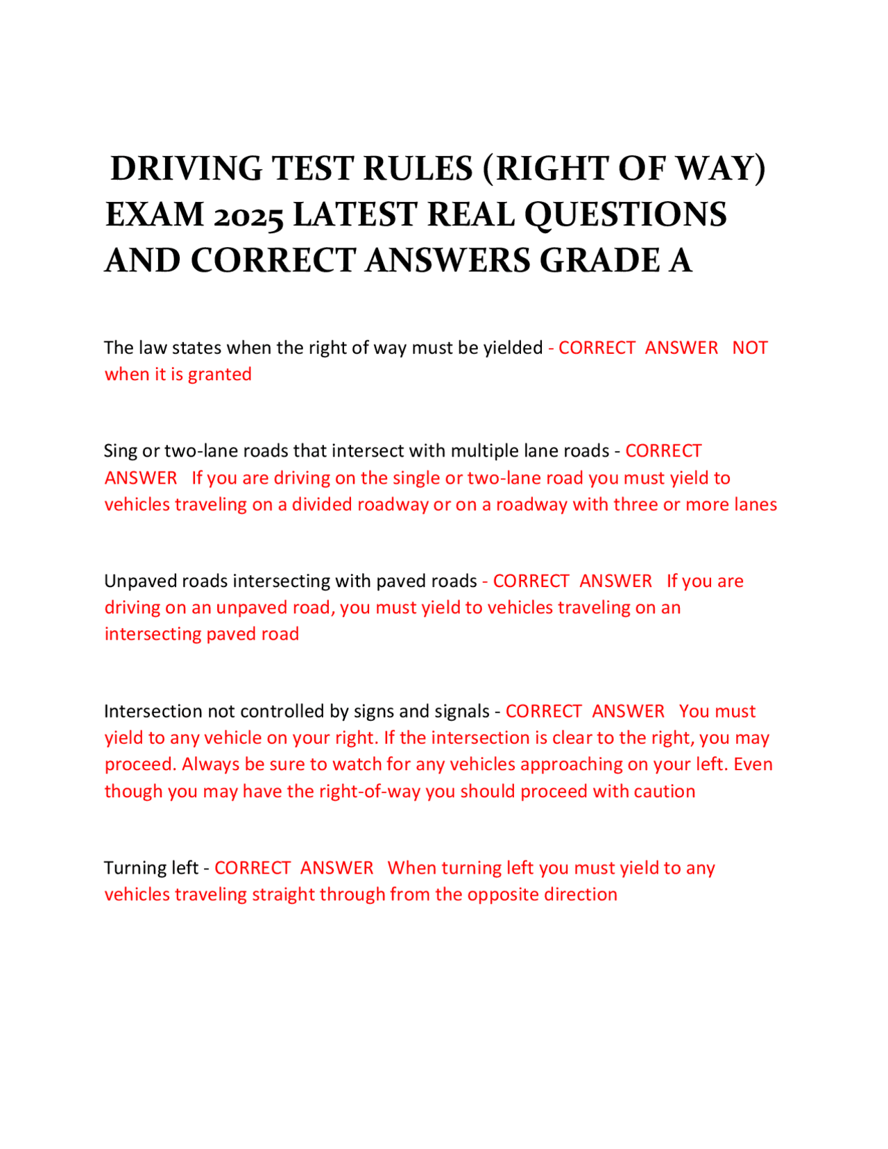 Driving Test Rules (Right of Way) Exam 2025 | Latest Real Questions and ...