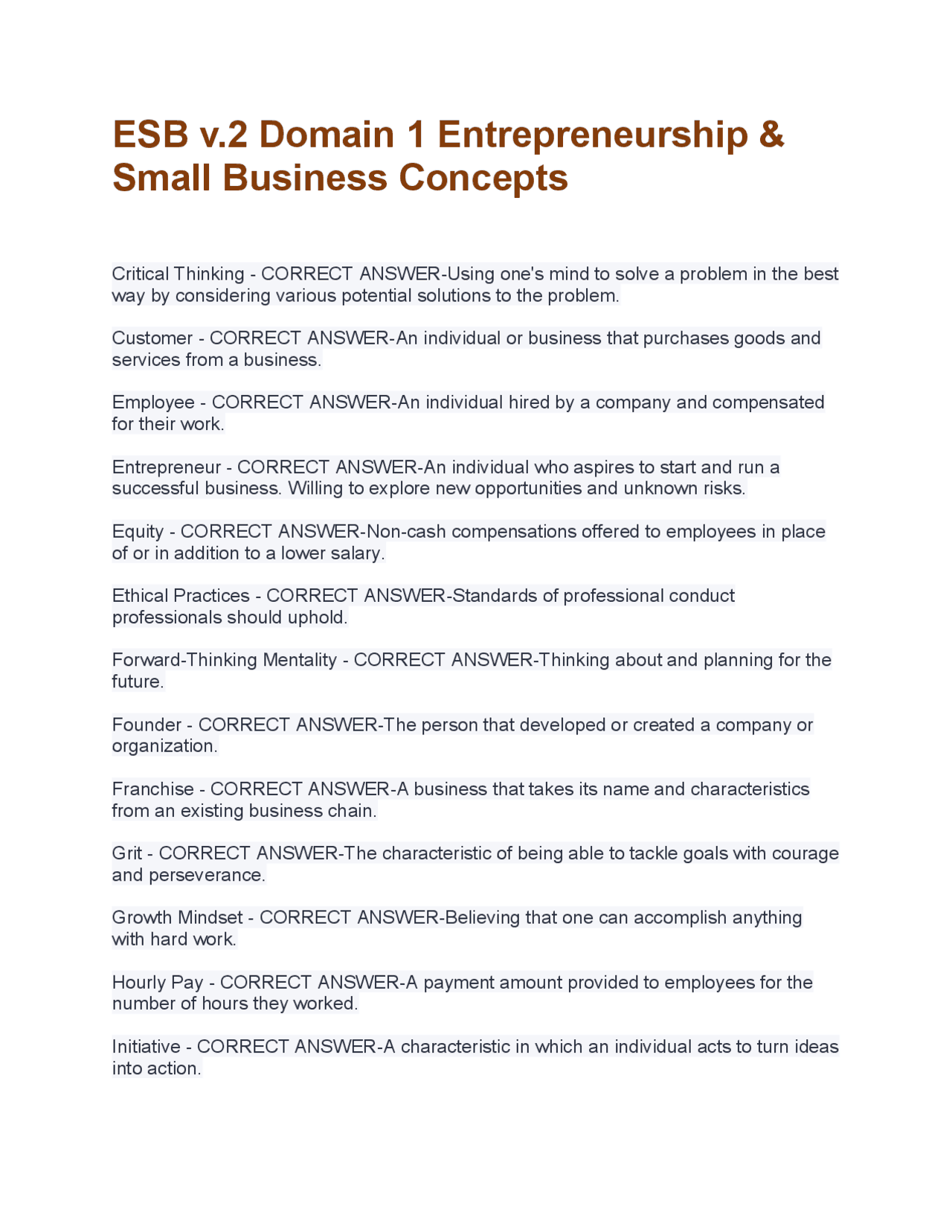 ESB v.2 Domain 1 Entrepreneurship & Small Business Concepts Questions ...