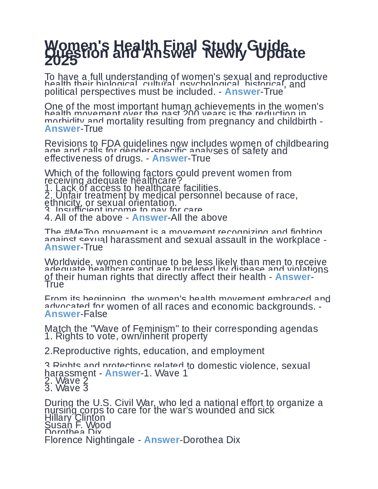 Women's Health Final Study Guide Question and Answer Newly Update 2025 ...