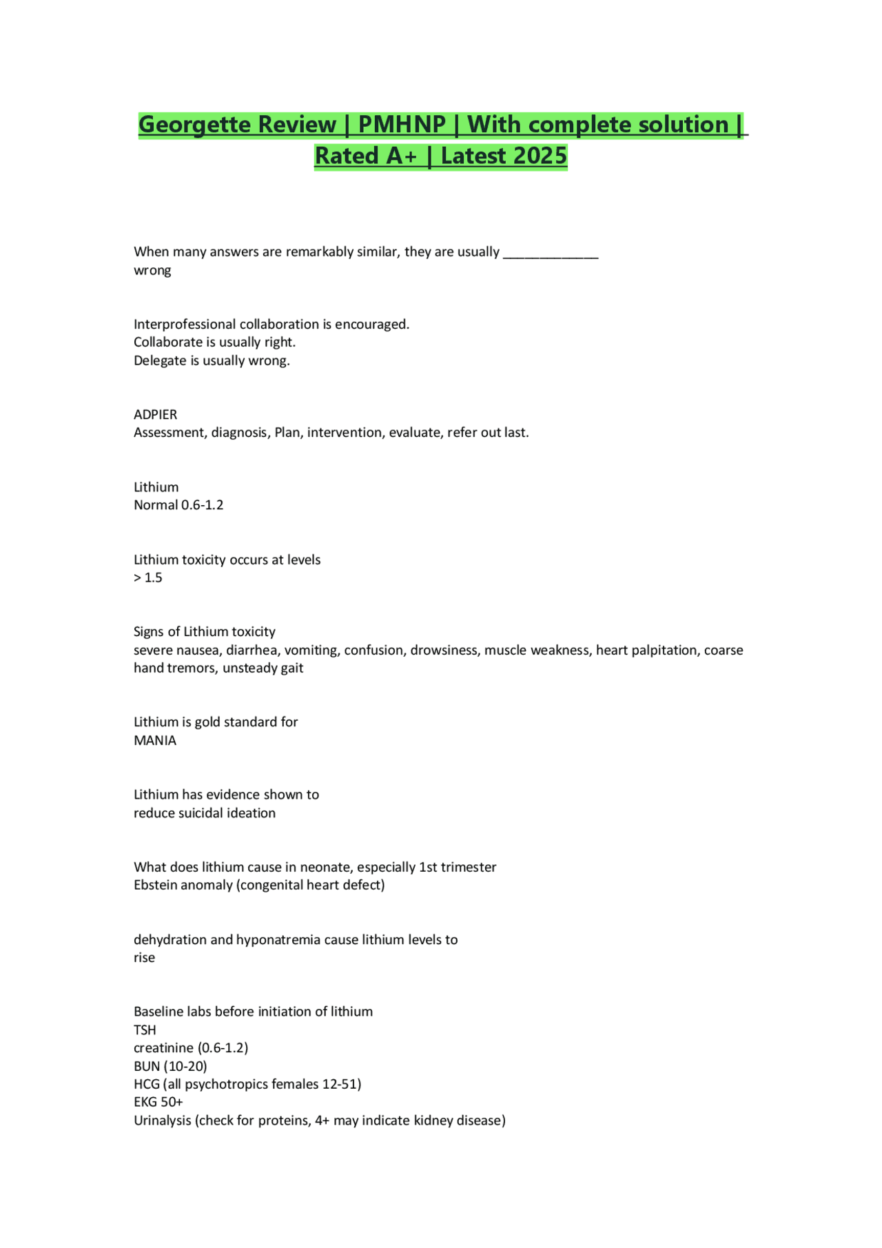 Georgette Review | PMHNP | With complete solution | Rated A+ | Latest ...