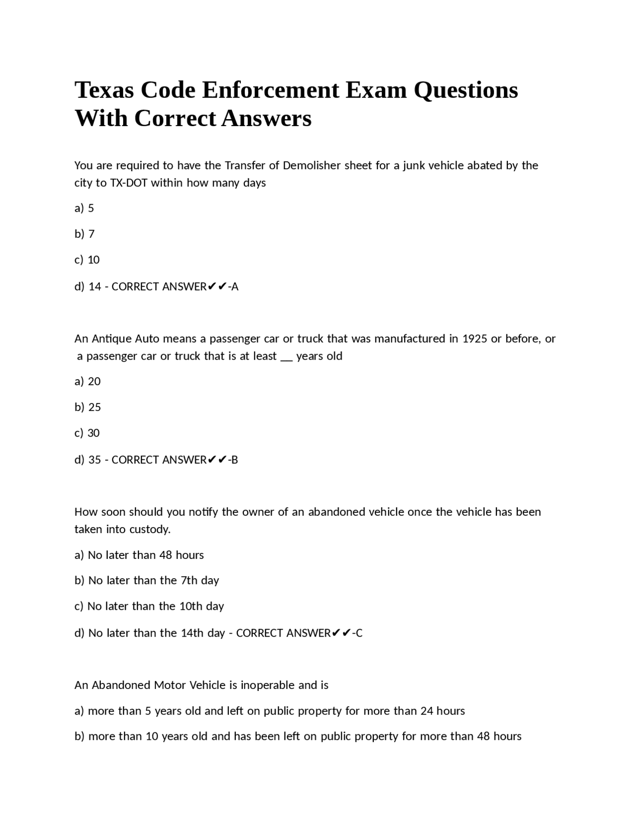 Texas Code Enforcement Exam Questions With Correct Answers | Exams Law ...