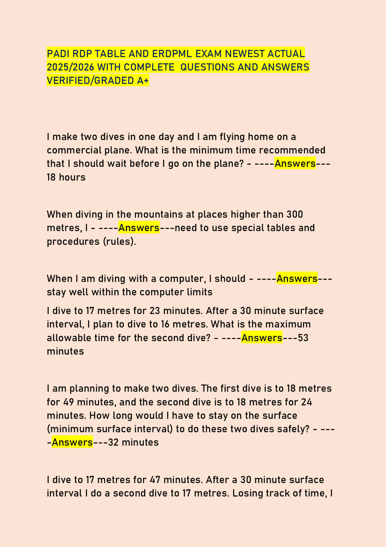 PADI RDP TABLE AND ERDPML EXAM NEWEST ACTUAL 2025/2026 WITH COMPLETE ...