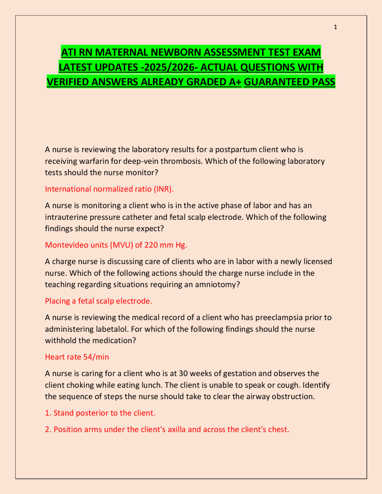 Maternal-Newborn Nursing Exam Questions and Answers | Exams Nursing ...