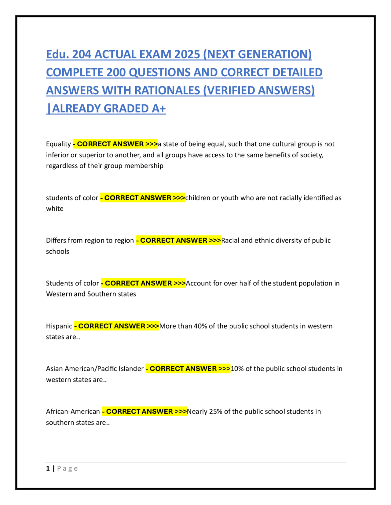 Edu. 204 ACTUAL EXAM 2025 (NEXT GENERATION) COMPLETE 200 QUESTIONS AND CORRECT ANSWERS | Exams ...